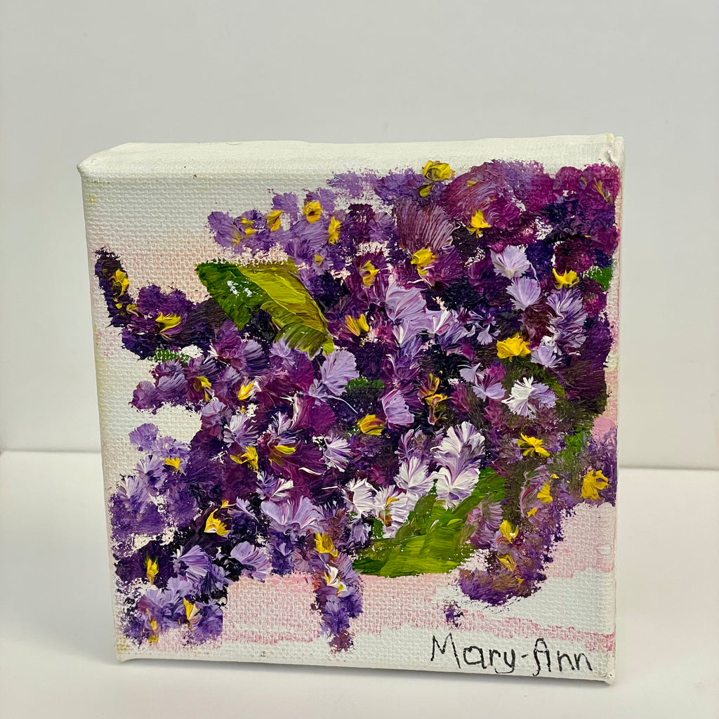 Mary-Ann Quist - Painting - Purple Flowers - 4" x 4" | McMillan Arts Centre